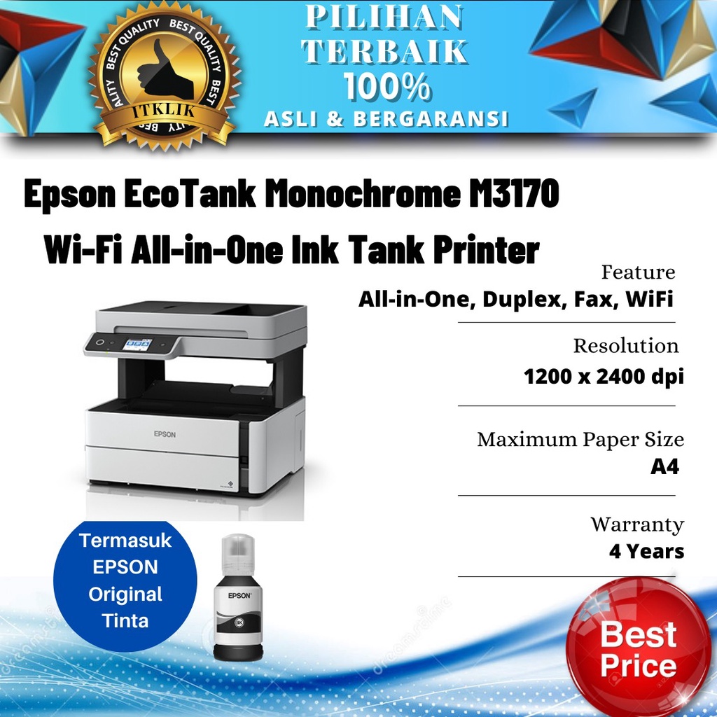Jual EPSON ECOTANK MONOCHROME M3170 Wi-Fi All-in-One Ink Tank Printer ...