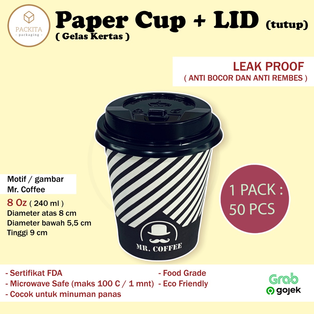 Jual Paper Hot Cup Motif Mr Coffee 8 Oz 240 ml + LID / TUTUP (50 pcs) | Shopee Indonesia