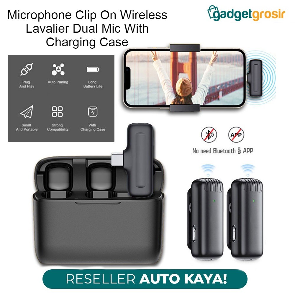 Jual Mic Dual Clip On Wireless Lavalier Microphone Dengan Charging Case ...