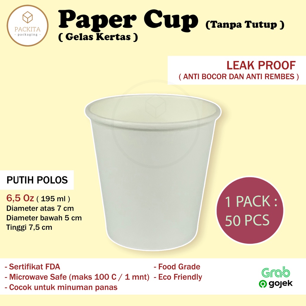 Jual Paper Hot Cup 6.5 Oz / Gelas Kertas Tahan Panas Polos 195ml (50 pcs) Indonesia|Shopee Indonesia