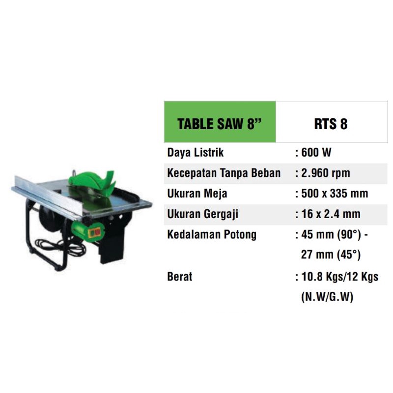 Jual Table Saw 8" RYU RTS8 Gergaji Meja Potong Kayu RTS 8 Inch 600 WATT ...