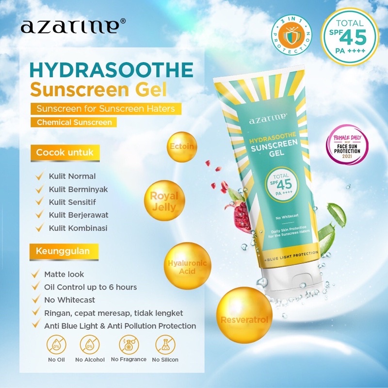 Jual Azarine Hydrasoothe Sunscreen Gel SPF 45 PA++++ 50ml | Shopee Indonesia