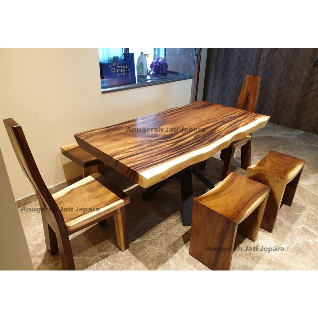 Jual Meja makan solid minimalis kayu trembesi 160cm Indonesia|Shopee Indonesia