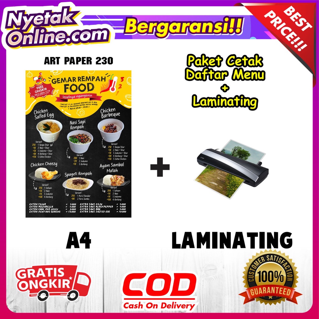 Jual [PAKET] Cetak Daftar Menu Art Paper 230 ukuran a4 + Laminating ...