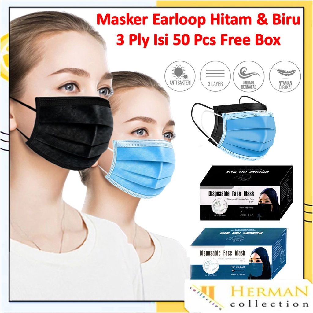HC Masker EARLOOP Disposable 3 Layer Mask Isi 50 Pcs Box Masker Medis 3 ...
