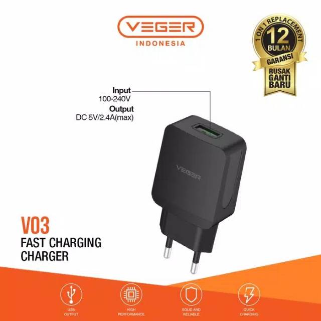 Jual Kabel + Charger Veger V03 Fast Charging Original usb | Shopee ...