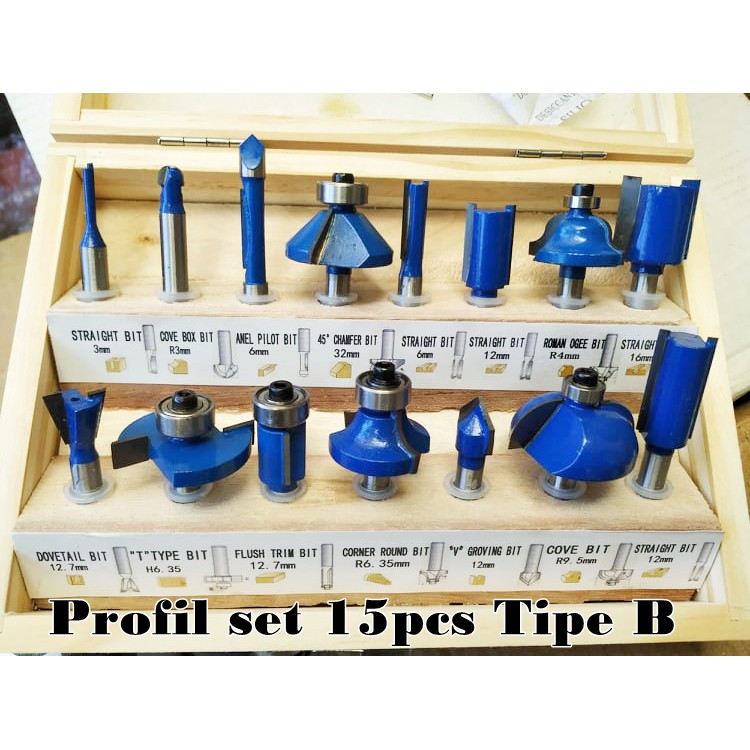 Jual Mata profil set / pisau Router trimmer 1/4" set 15pcs Biru Tipe B ...