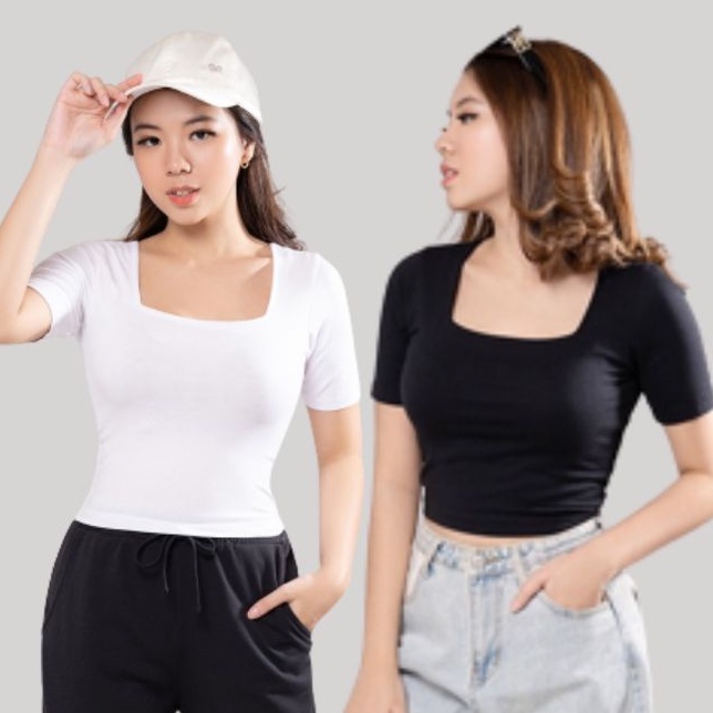 Jual T-SIRT BASIC KOAS CROP TOP POLOS HITAM PUTIH WANITA | Shopee Indonesia