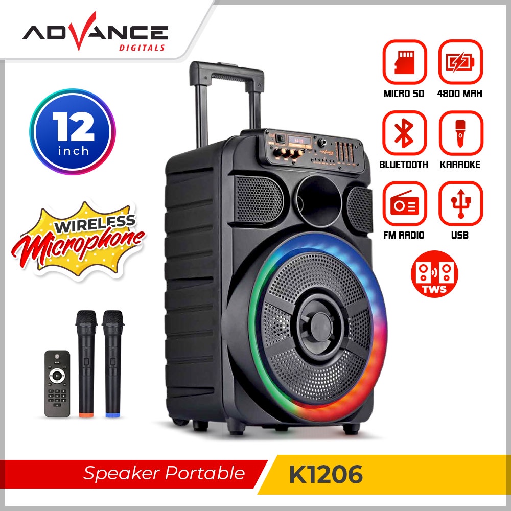 Jual Speaker Bluetooth Portable Wireless Advance K-1206 12 inch - Free Mic 2Buah | Shopee Indonesia
