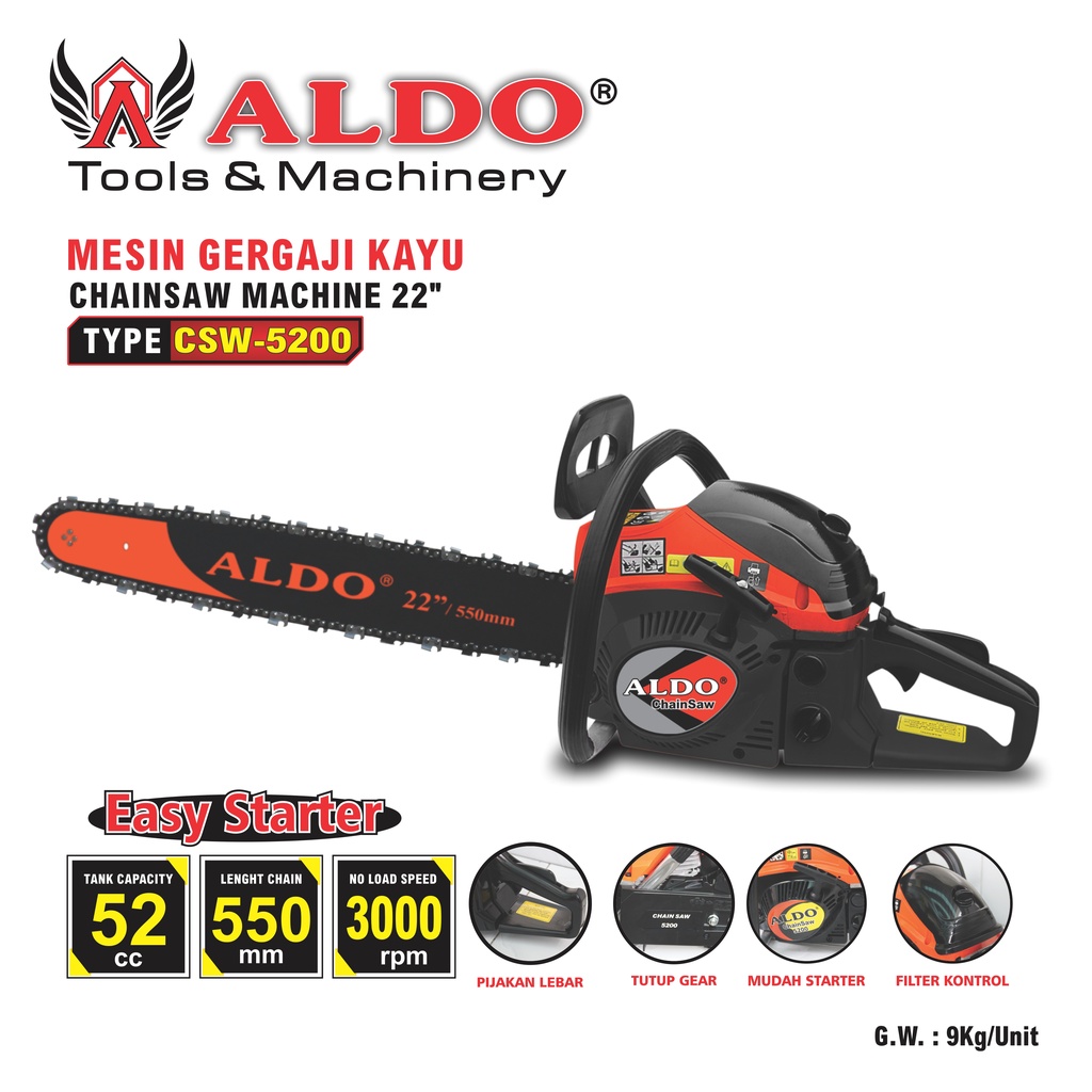 Jual Mesin Gergaji Kayu Chainsaw Machine 22" Type : 5200 Merk Aldo | Shopee Indonesia