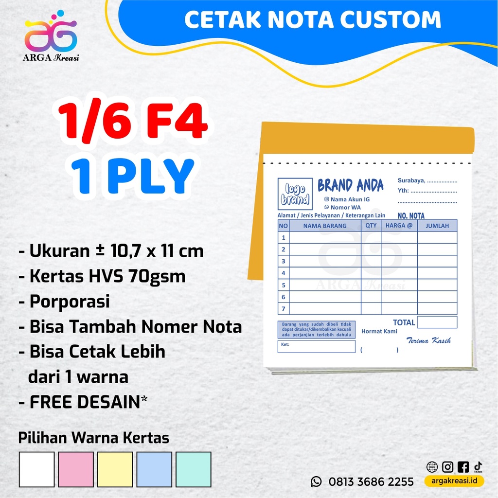 Jual Cetak Nota Custom 1 Ply 1/6 F4 Bon Kwitansi Cocok Untuk Nota Toko Olshop Laundry Konter ...