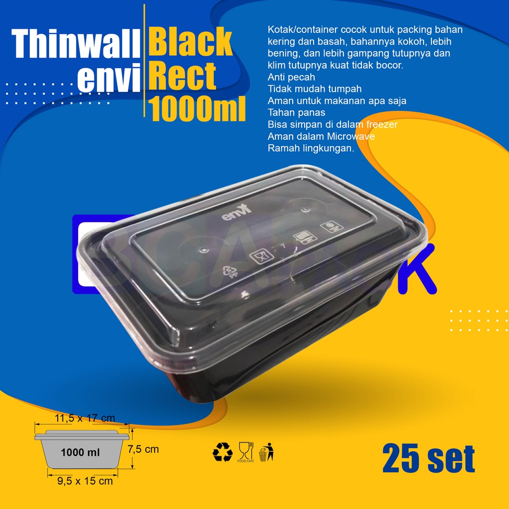 Jual Thinwall Envi Black 1000ml Rect ( 1000 ml ) hitam isi 25 set ...