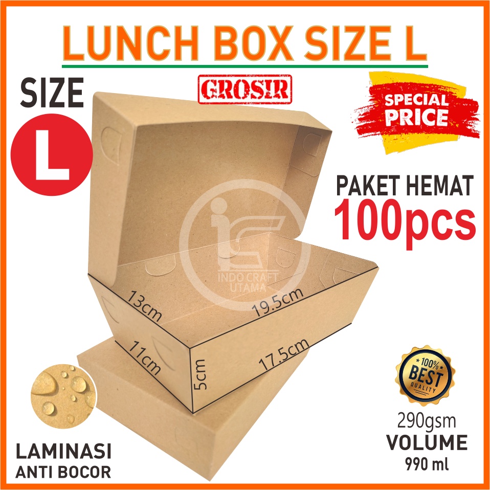Jual Lunch Box Size L Kotak Makan Kertas Brown Paper Box Makanan Dus ...