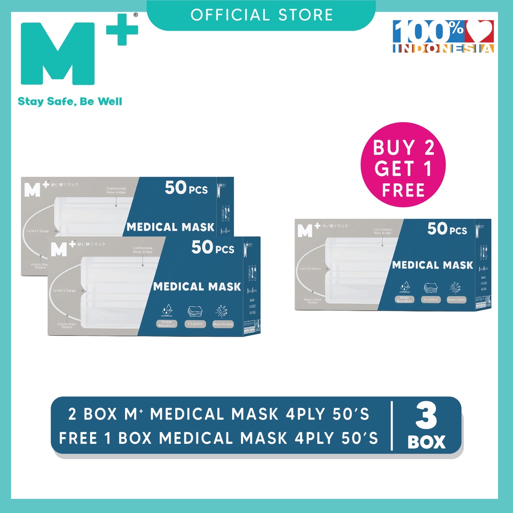 Jual Buy 2 Get 1 Masker Medis Earloop Putih M+ 4Ply - Masker Medis Isi ...