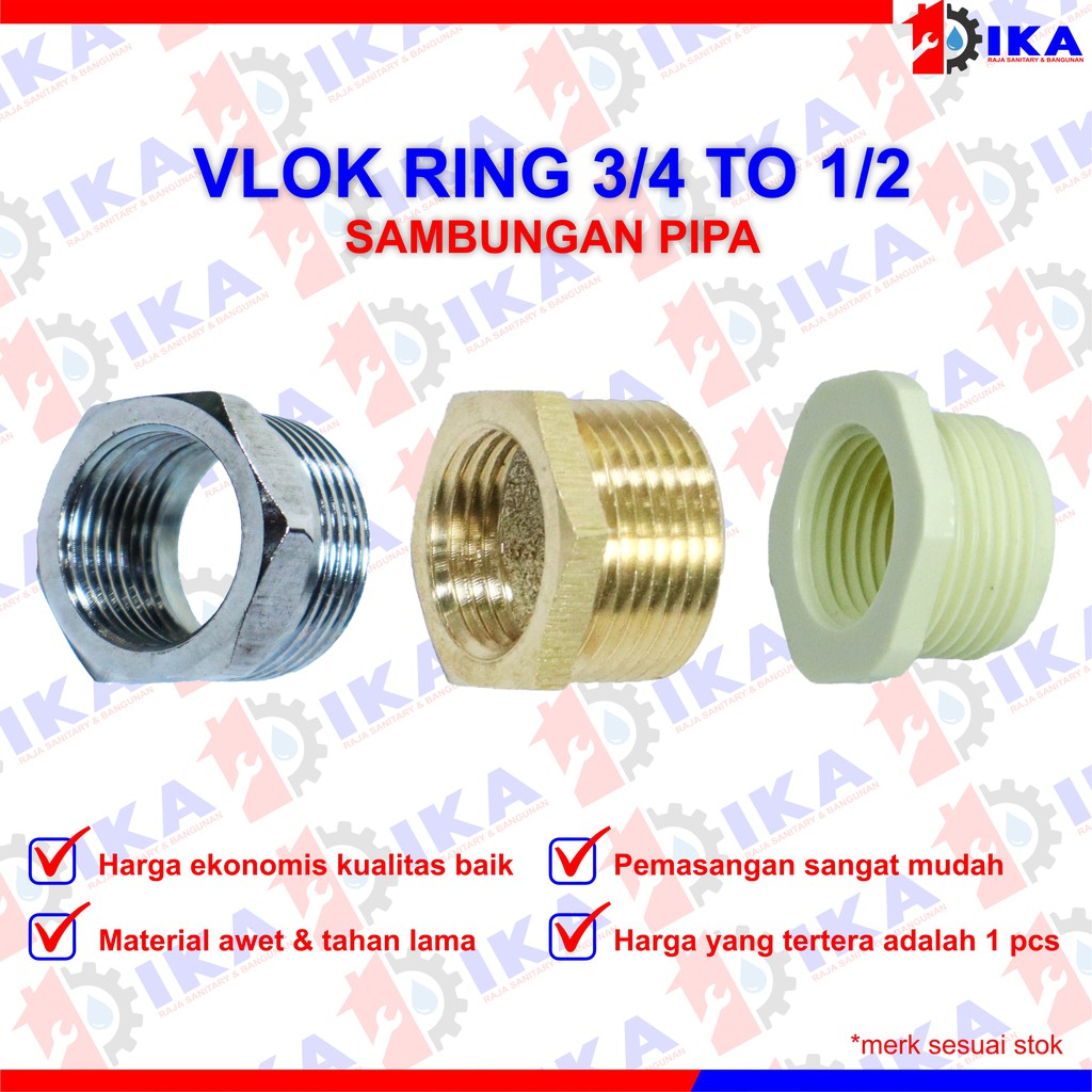 VLOK FLOCK FLOK RING 3/4" KE 1/2" PVC BABET KUNINGAN ASLI / SAMBUNGAN ...