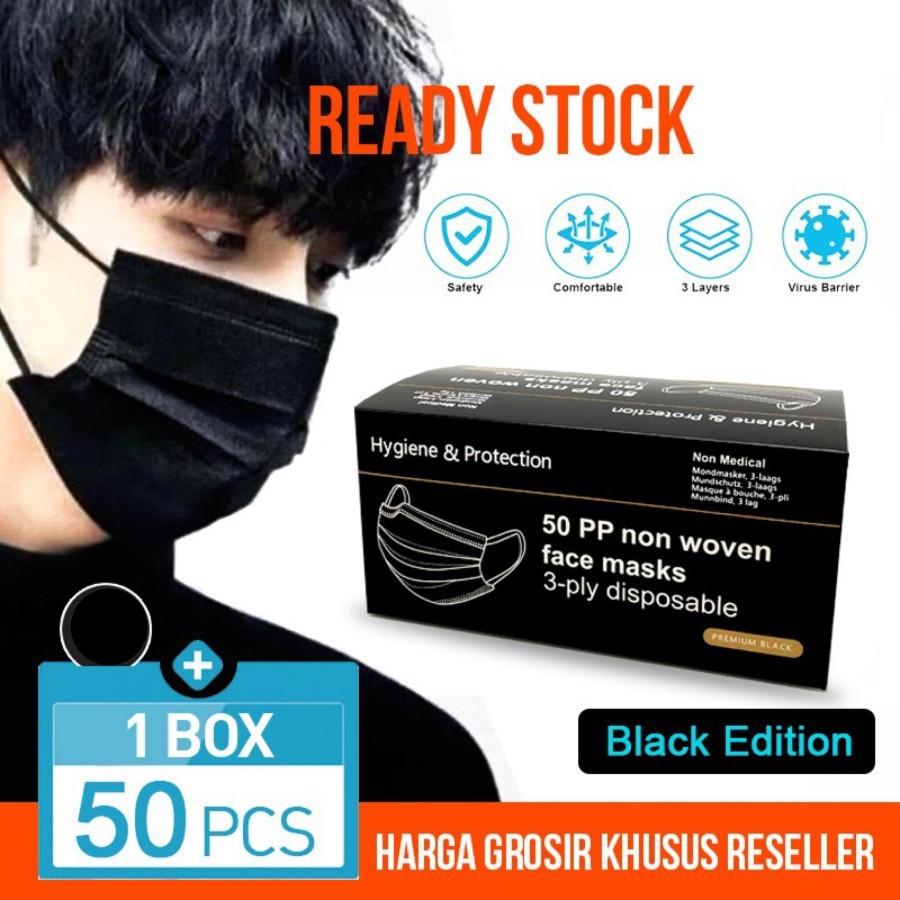 Jual Masker Hitam Black 3 Ply isi 50 Disposable FaceMask Masker Earloop ...