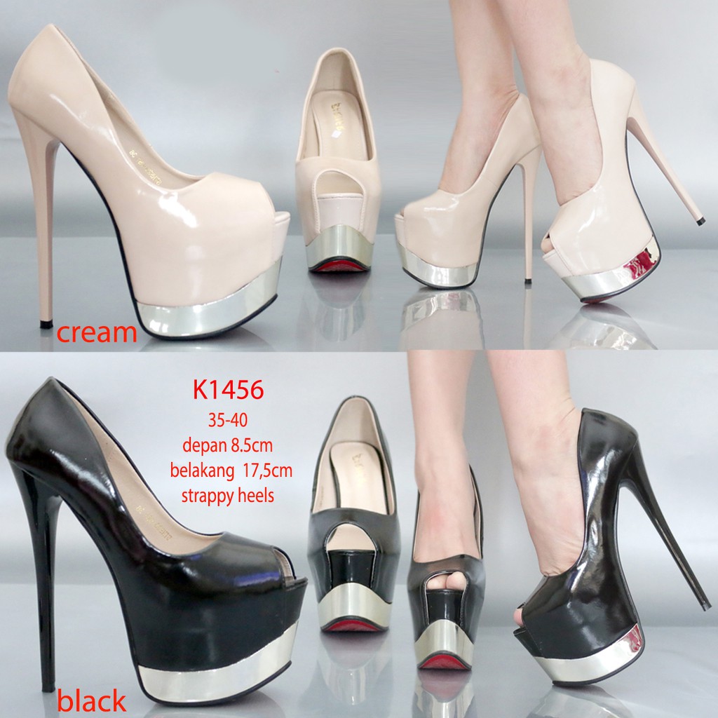 Jual Sepatu Peep Toes Heels Glossy Hitam krem Hak 17cm - High Heels ...