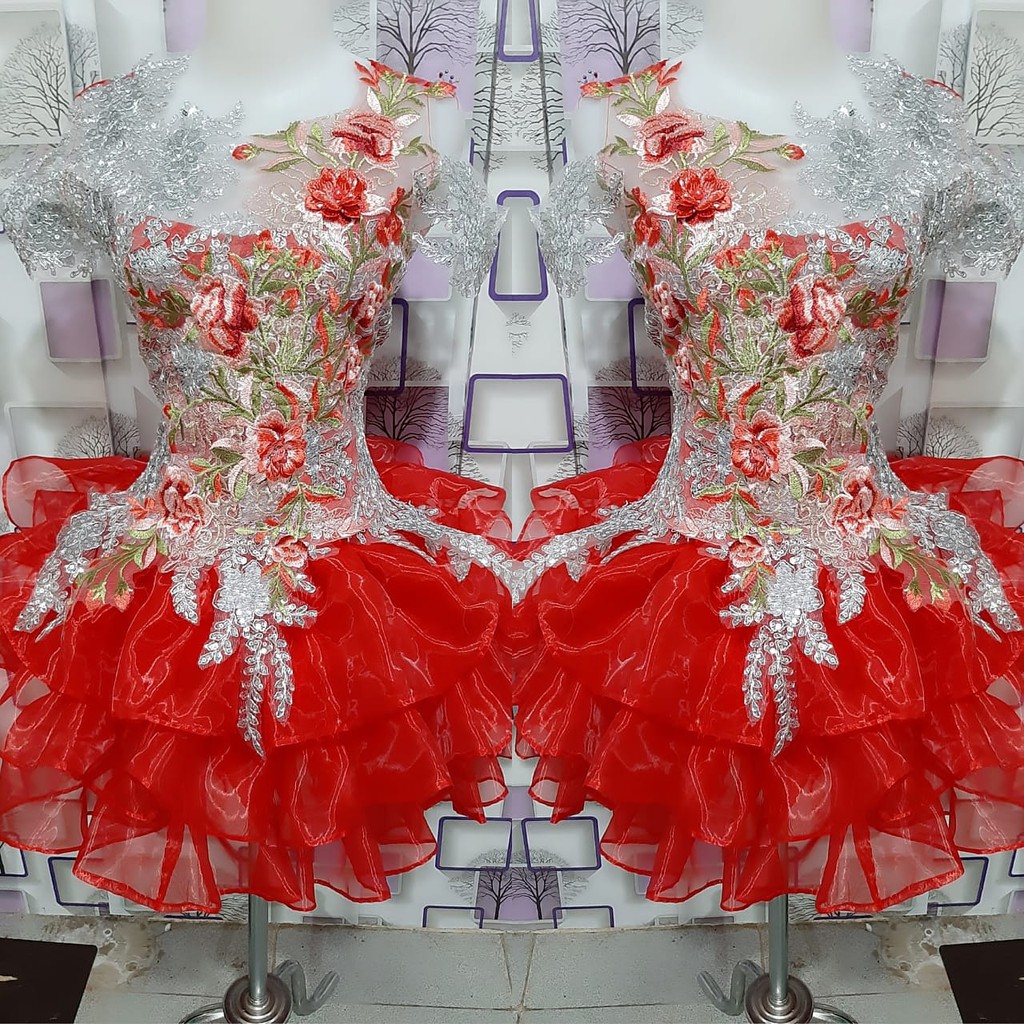 Jual dress motif bunga 3d 3susun baju penyanyi/baju biduan/baju singer ...