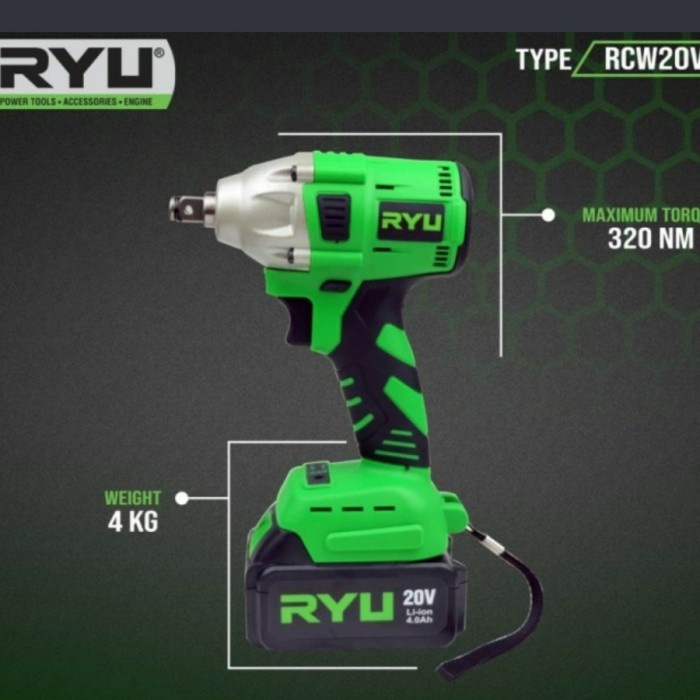 Jual TEKIRO RYU IMPACT WRENCH CORDLESS 20 V RYU RCW20V Mesin Impact ...