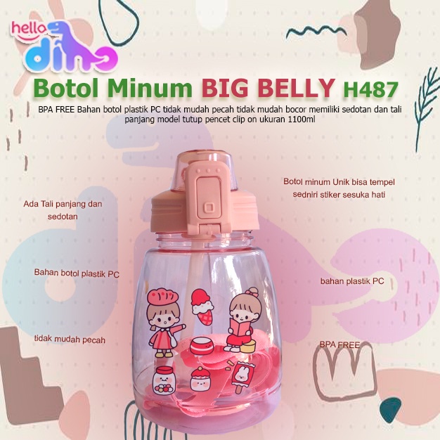 Jual Hello Dino - H487 Pink | Botol Minum Anak Jerami Big belly 1100ML ...