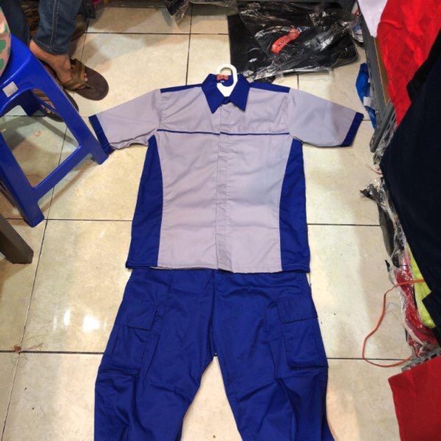 Jual Seragam kerja abu biru plus celana, seragam kerja setelan ...
