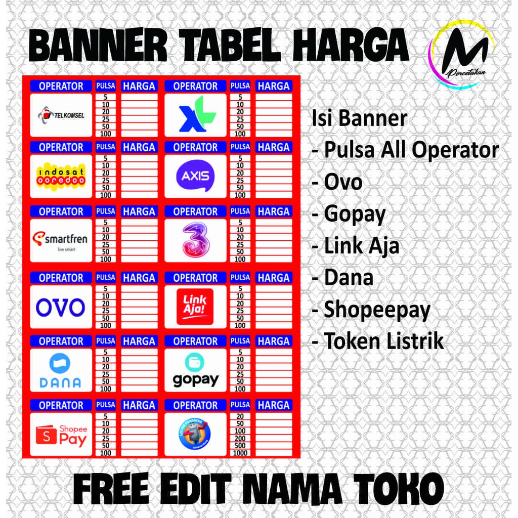 Jual Banner Tabel Harga Pulsa dan Top up Warna Polos - Ukuran 50x100 Cm ...