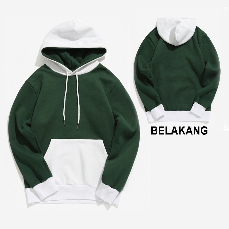 Jual Hoodie polos 2D Jaket pullover warna hijau botol kombinasi putih ...
