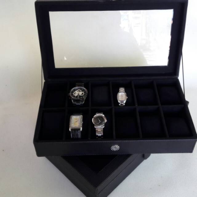 Jual TEMPAT JAM TANGAN ISI 12 FULL BLACK | Shopee Indonesia