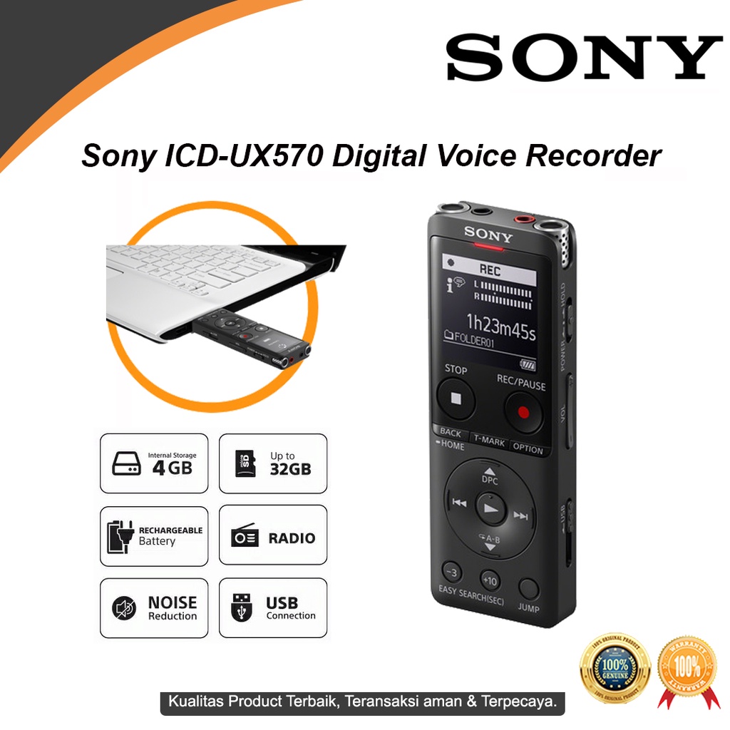 Jual Sony ICD-UX570 Stereo Digital Voice Recorder Built-in USB Perekam ...
