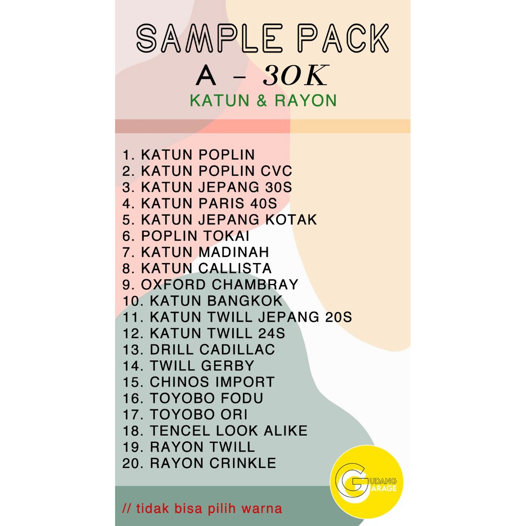Jual Sample Pack Kain Gudang Garage swatches | Shopee Indonesia