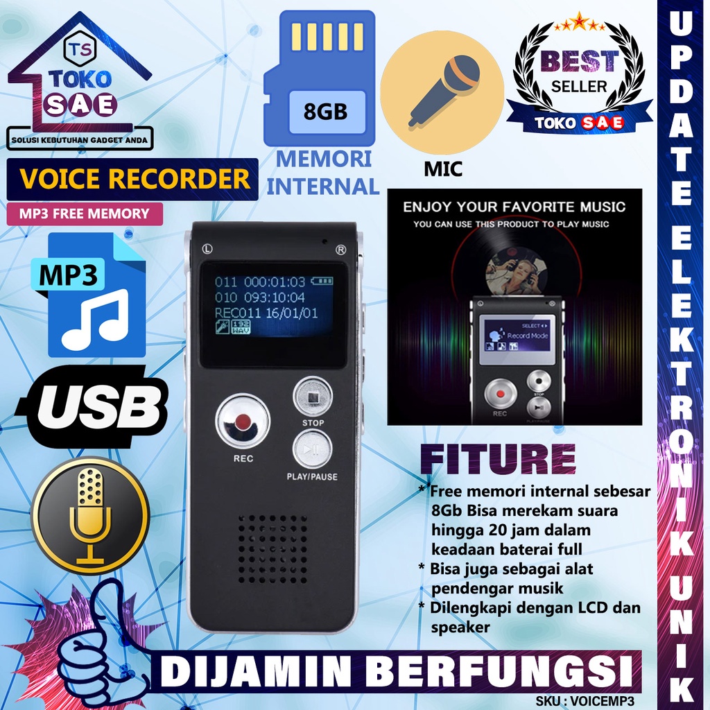 Jual USB Digital Voice Recorder 8GB MP3 Player perekam Digital Mini Perekam Record Suara ...