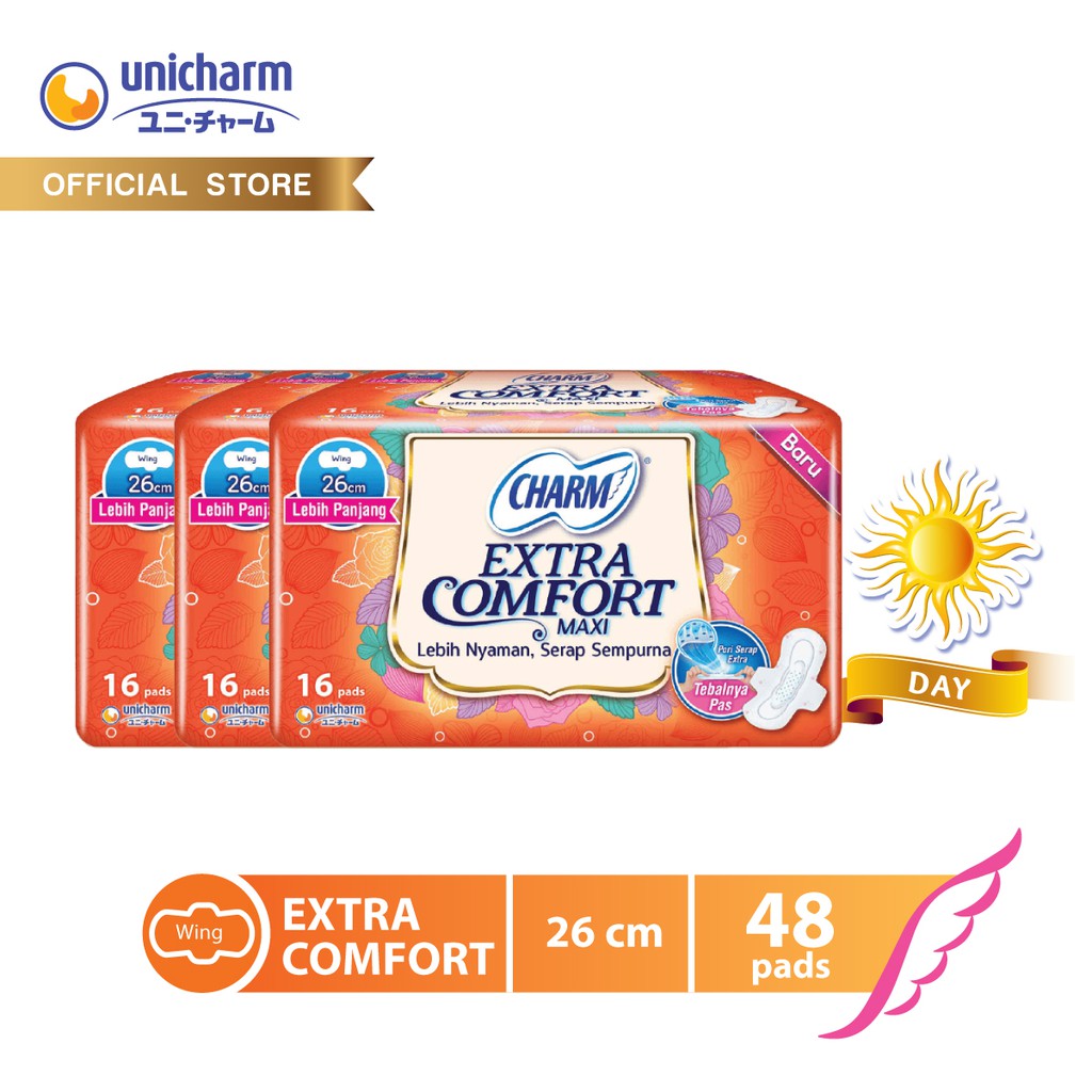 Charm Pembalut Extra Comfort Maxi 26cm Wing 16 pads - 3 Packs | Shopee ...