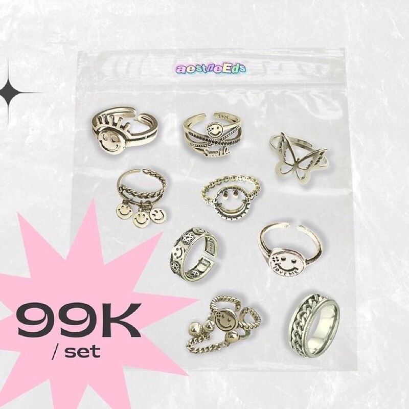 RINGS PACKAGE AESTNEEDS Set Cincin Aesthetic Korea Smiley Rings Pria ...