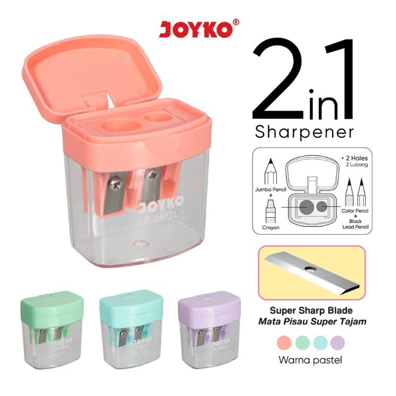 Jual Rautan 2 Lubang Warna Pastel Joyko B-24PTL | Sharpener 2 in 1 ...