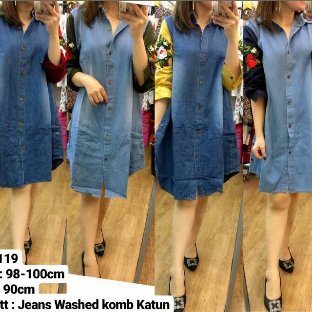Jual Tunik denim lengan bunga Indonesia|Shopee Indonesia