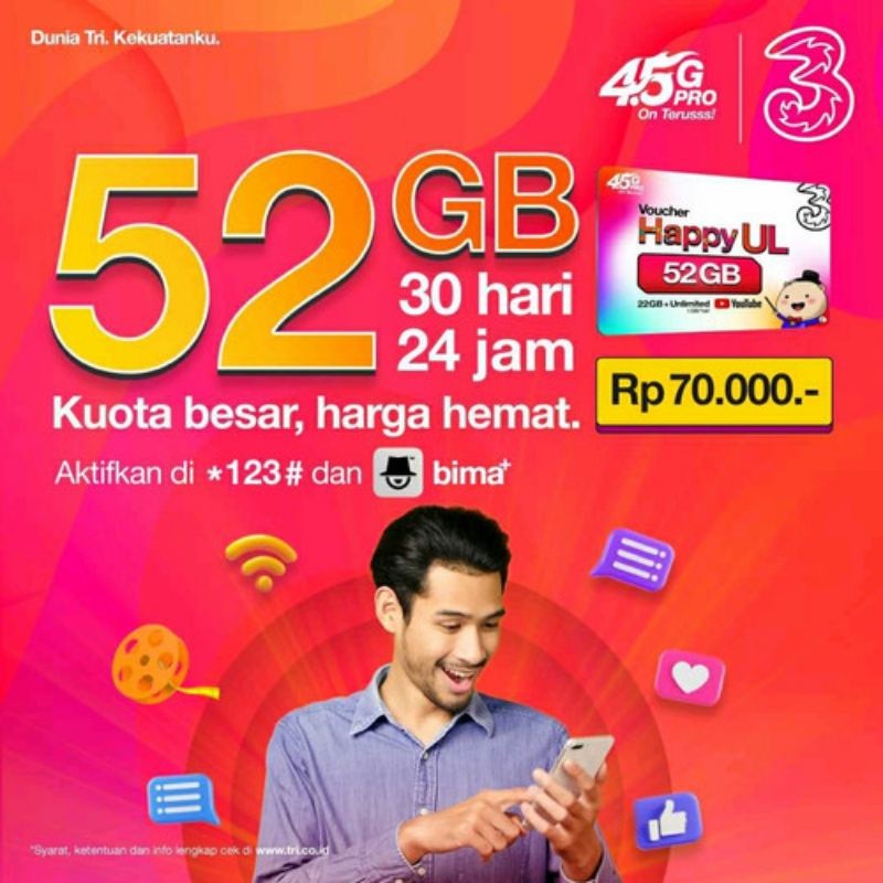 Jual PAKET DATA TRI 3 THREE 22GB 52GB UNLIMITED YOUTUBE 30 HARI 24JAM | Shopee Indonesia