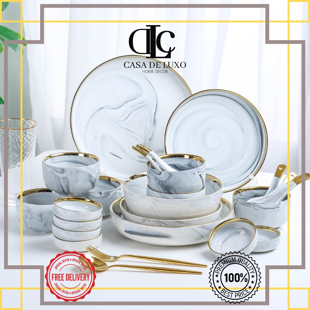 Jual [Casa De Luxo] Marble Collection Piring dan Mangkuk Keramik Abu Marble List Gold Piring Set ...