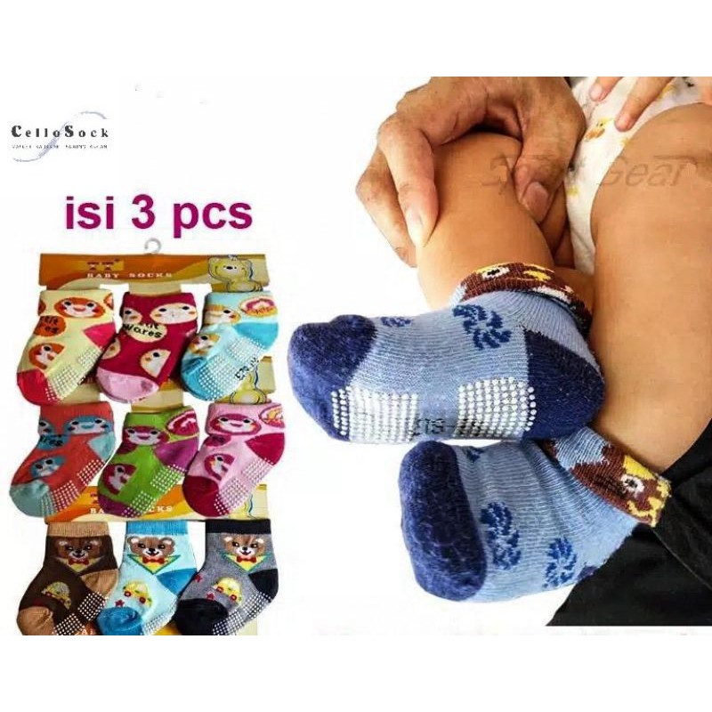 Jual (TERMURAH) Kaos Kaki Bayi ISI 3 PASANG ANTI SLIP DAN TANPA ANTI SLIP / KaosKaki Bayi ...