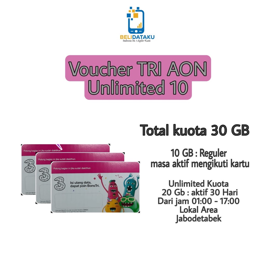 Jual VOUCHER TRI DATA AON UNLIMITED 10 GB | Shopee Indonesia