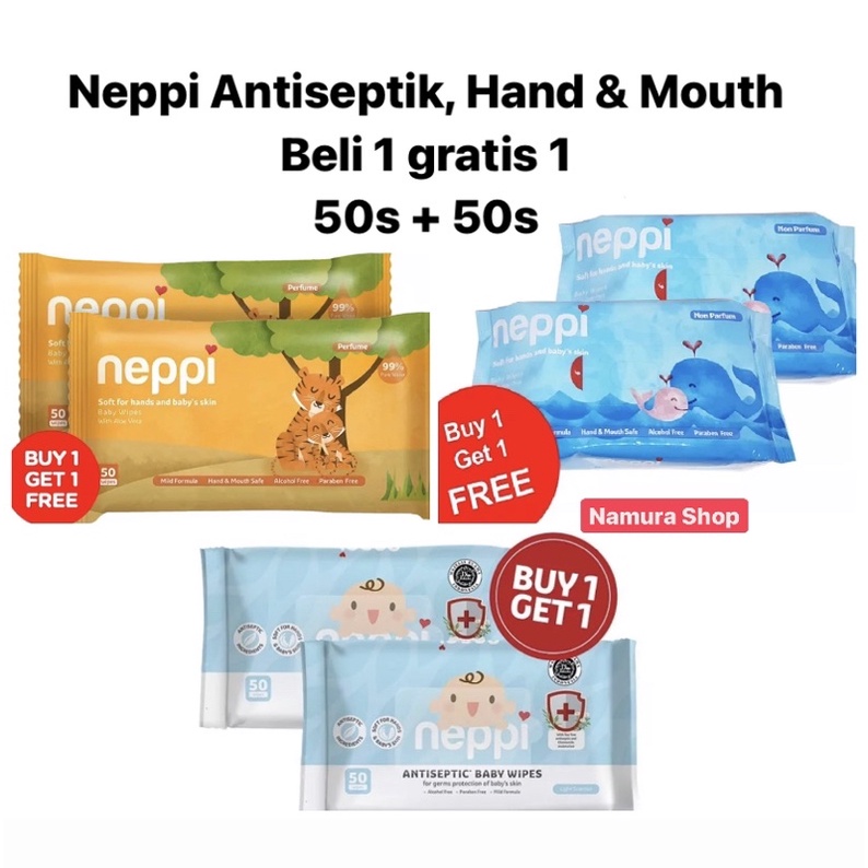 Jual NEPPI Hand & Mouth, Antiseptic Baby Wipes 50s buy 1 get 1 Tissue ...