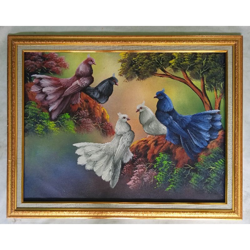 Jual Lukisan Burung Merpati 5Ekor + Bingkai Pigura Ukuran 80cm x 60cm ...