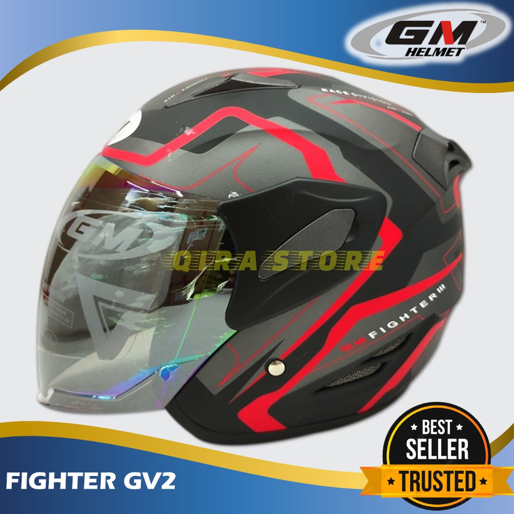 Helm GM Fighter GV2 Black Red Doff Half Face Motor SNI Helem Dewasa ...