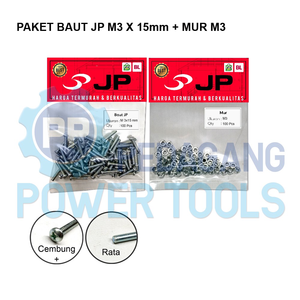 Jual PAKET 2 SET BAUT MUR 3x15 BAUT JP M 3 x 15 MM MUR M3 SKRUP ISI 100 ...