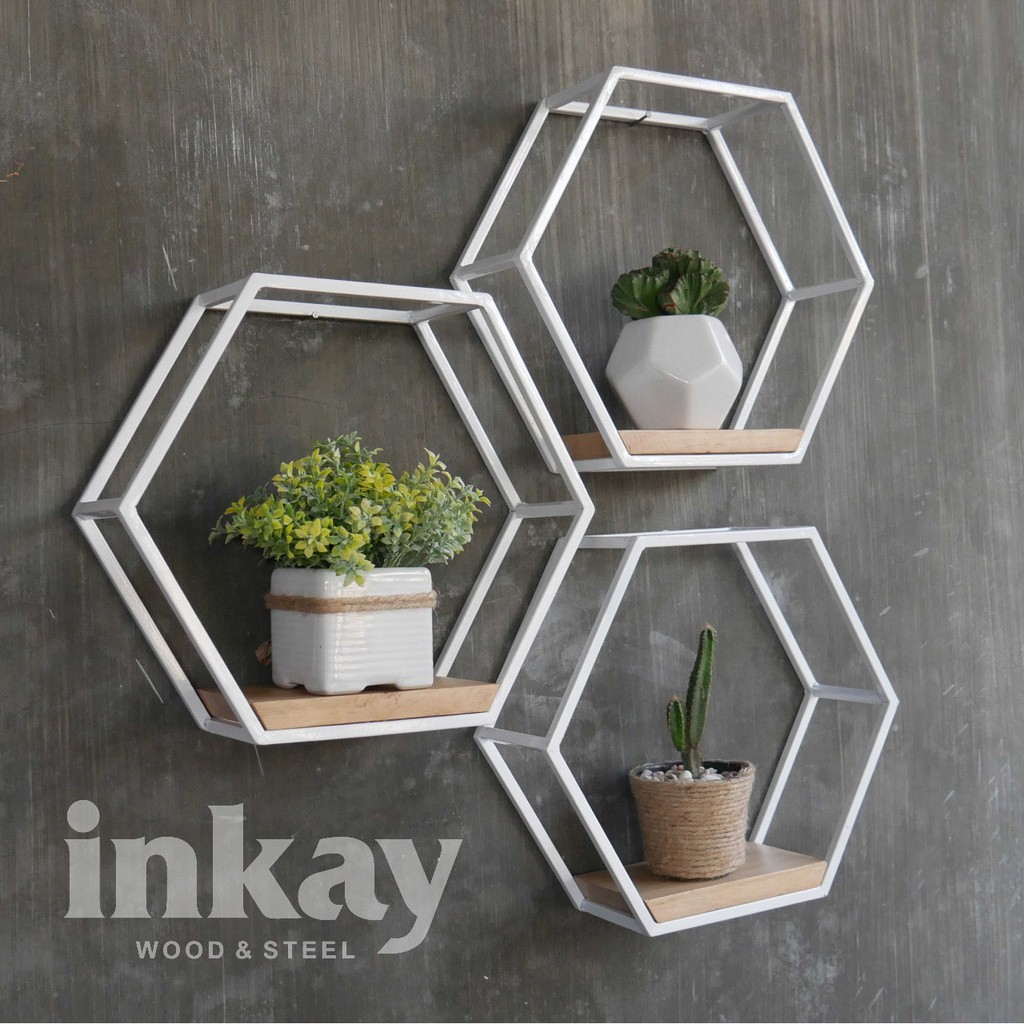 Rak Dinding Pajangan Dinding Hexagon Besi mix Kayu set isi 3 | Shopee ...