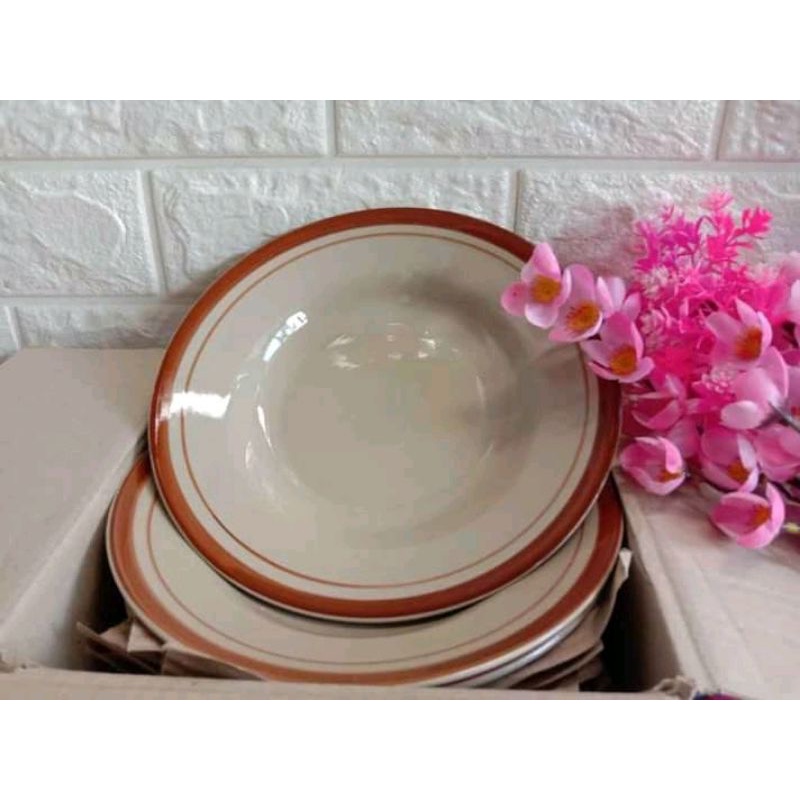 Jual Piring makan keramik list coklat lusinan 12pcs | Shopee Indonesia