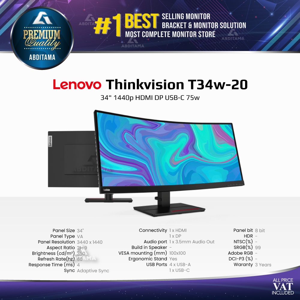 Jual Monitor LED Lenovo Thinkvision T34w-20 34" 1440p HDMI DP USB-C 75w ...