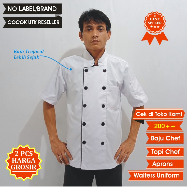Jual Baju Chef Koki Chef Coat Chef Jacket Putih Trim Hitam Kain Sejuk ...