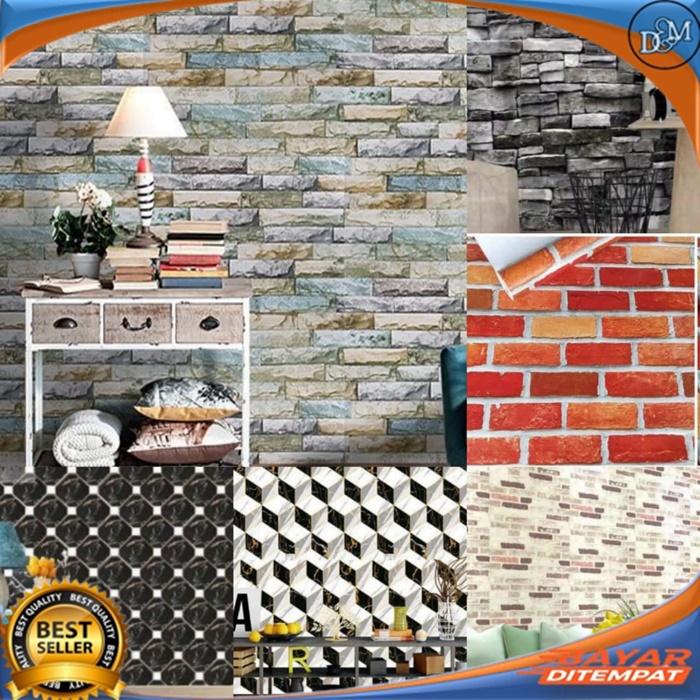 Jual Wallpaper Motif Bata 45CM x 1M Dinding Motif Bata Mix Classic Biru ...