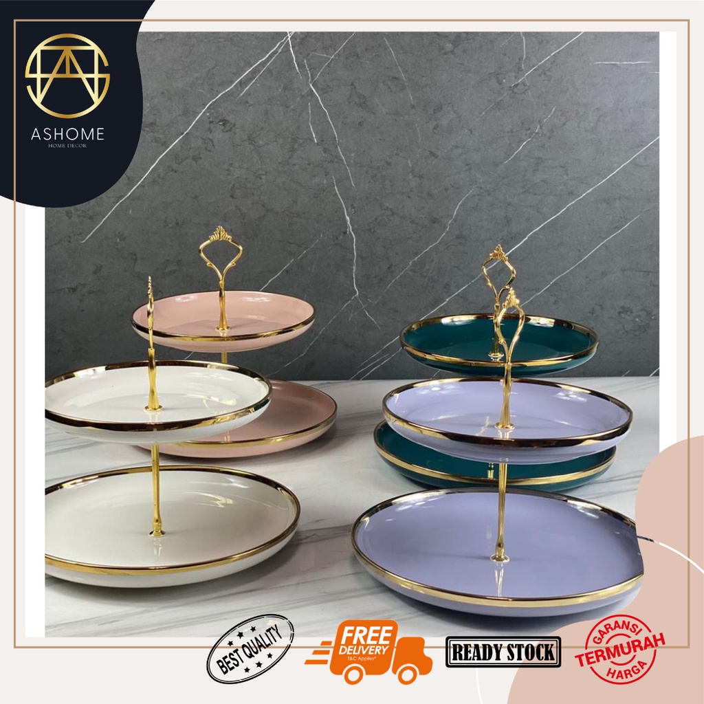 Jual ASHOME Piring Kue Tingkat Keramik List Gold / Double Layer Dessert Cake / Piring Kue ...