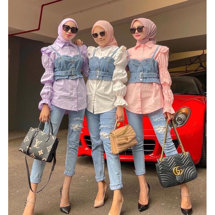 Jual Kemeja Kemben / Kemeja Tangan balon / Kemeja kombinasi jeans ...